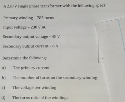 Solved A 230V ﻿single phase transformer with the following | Chegg.com