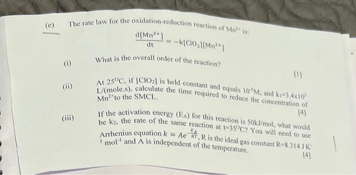 Solved The rate law for the oxidation-reduction reaction of | Chegg.com