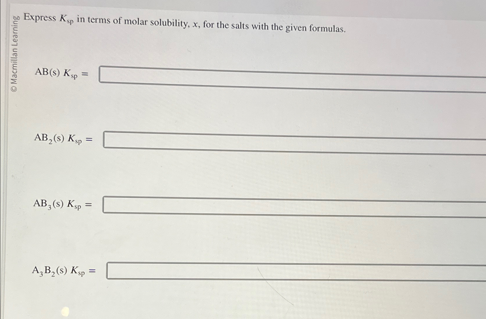 Solved Express Ksp ﻿in terms of molar solubility, x, ﻿for | Chegg.com