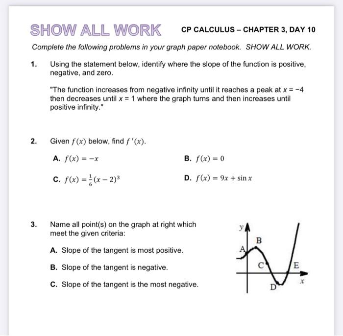 Solved SHOW ALL WORK CP CALCULUS - CHAPTER 3, DAY 10 | Chegg.com