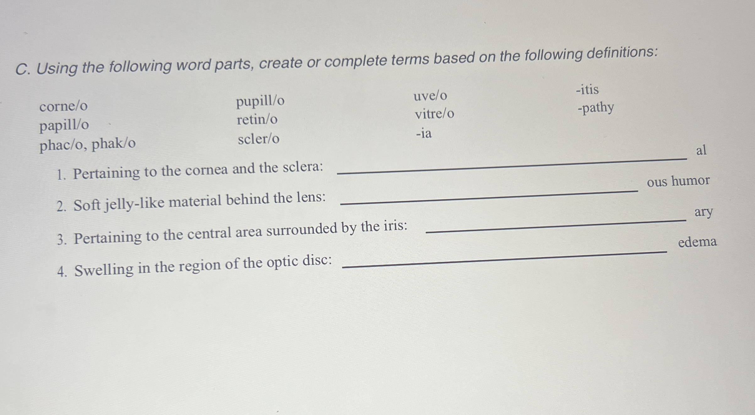 Solved C. ﻿Using the following word parts, create or | Chegg.com