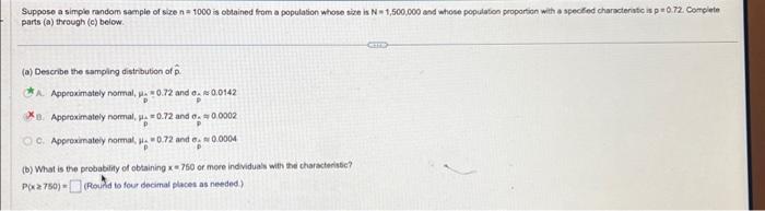 Solved Supposo a simple randorn sample of size n=1000 is | Chegg.com