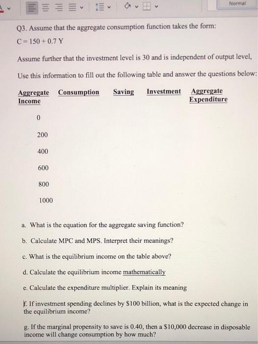 Solved Normal = = = =+ Q3. Assume that the aggregate | Chegg.com