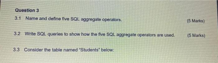 Solved Question 3 3.1 Name and define five SQL aggregate | Chegg.com