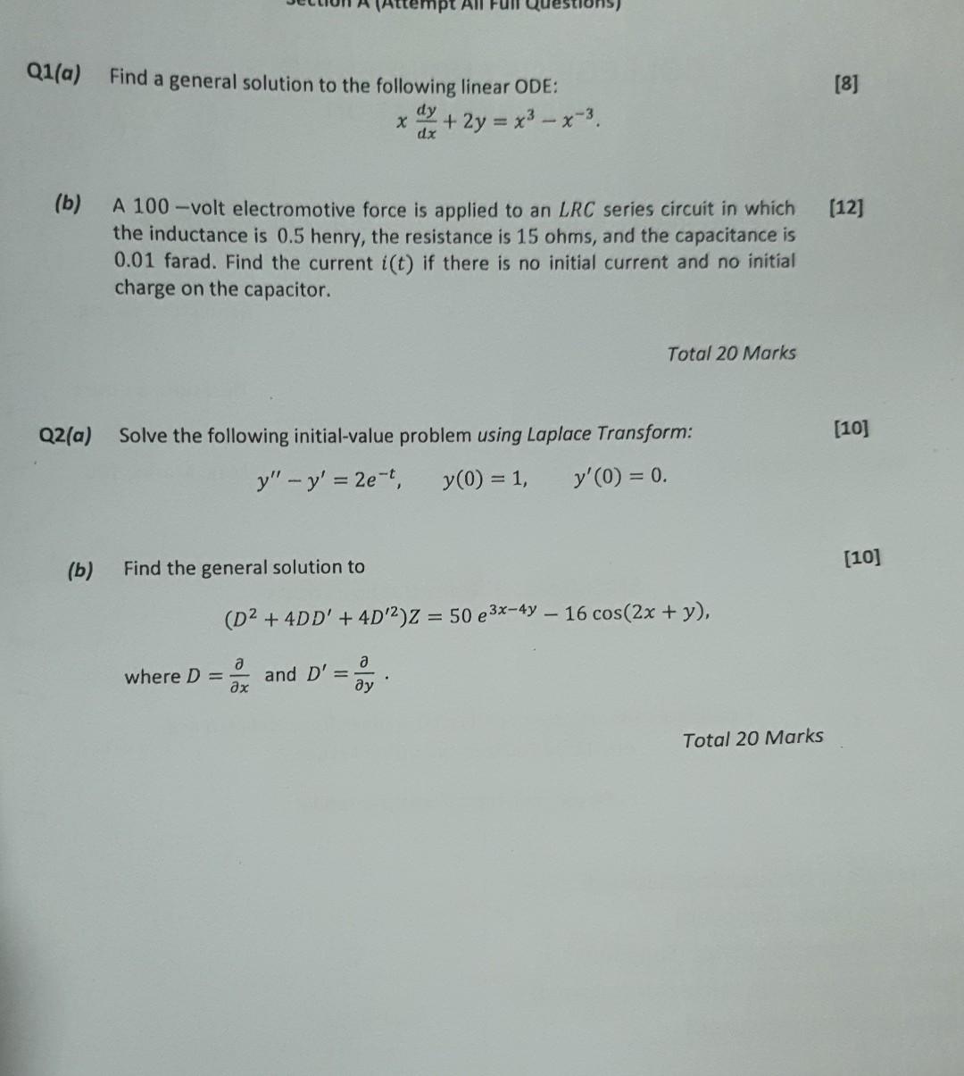 Solved Q1(a) Find a general solution to the following linear | Chegg.com
