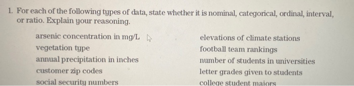 Solved 1. For each of the following types of data, state | Chegg.com
