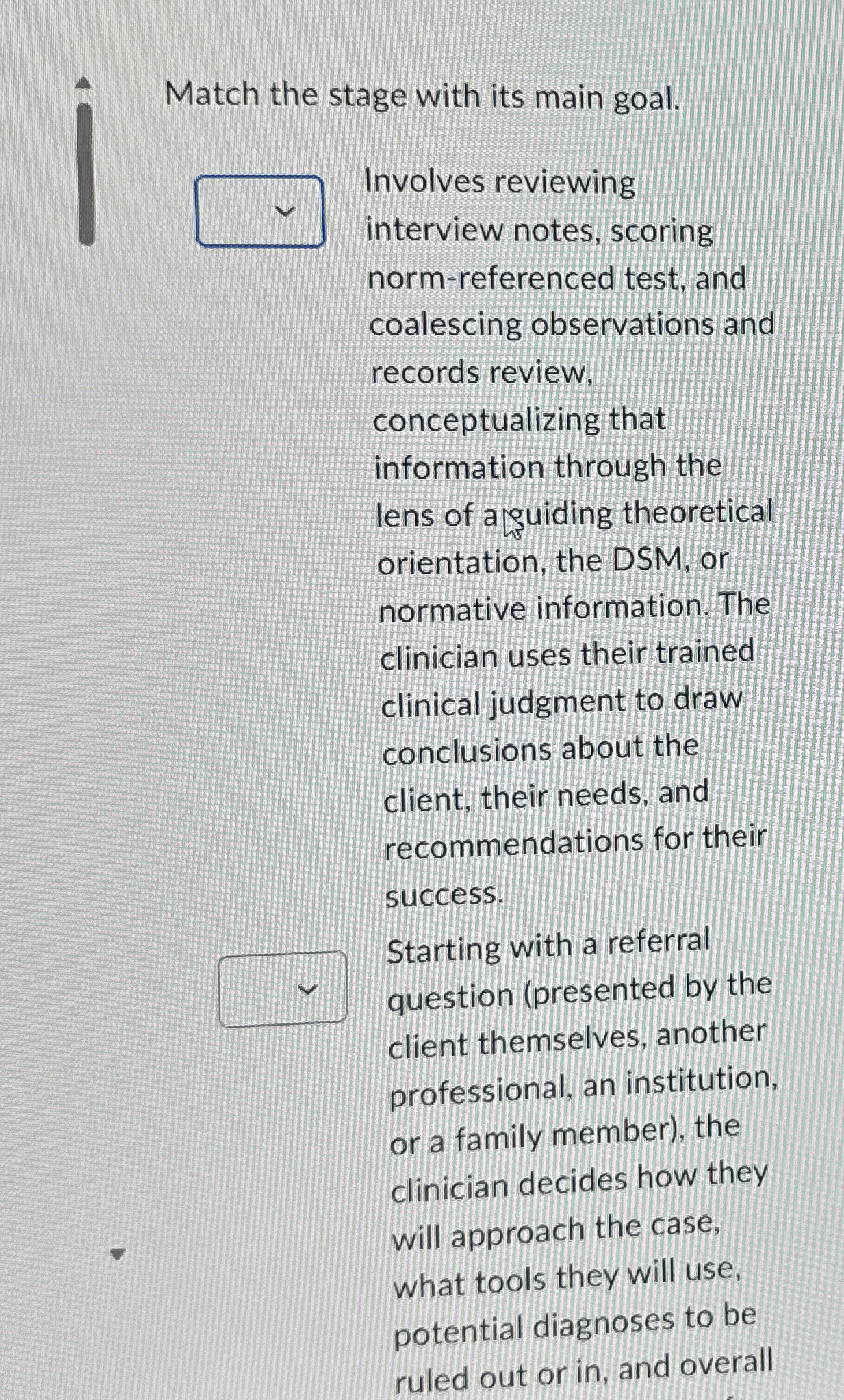 Solved Match the stage with its main goal. Involves | Chegg.com