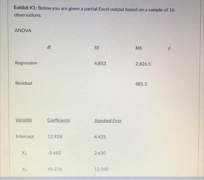 Solved Exhibit K1: Below you are given a partial Excel | Chegg.com