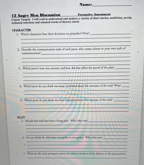 12 Angry Men Discussion Formative Assessment Course | Chegg.com