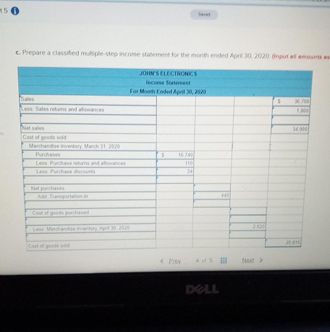 Solved 15 0 c. Prepare a classified multiple-step income | Chegg.com
