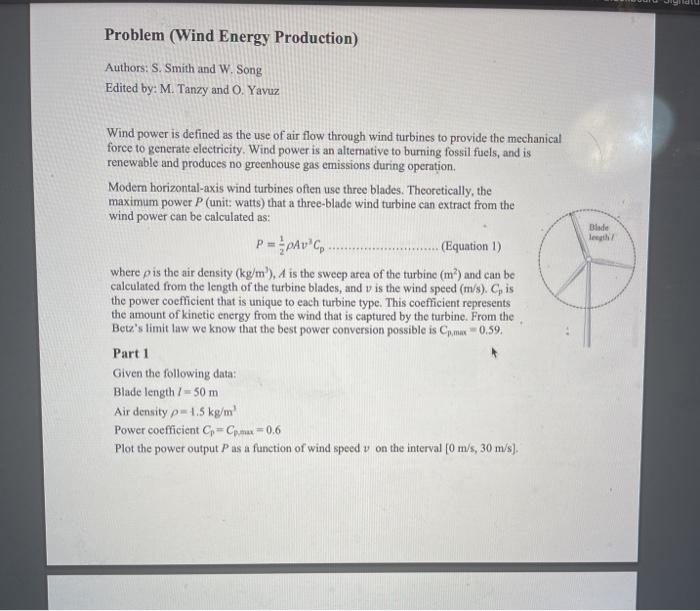 Solved Problem (Wind Energy Production) Authors: S. Smith | Chegg.com