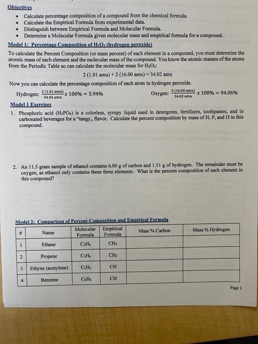 Solved Obiectives • Calculate percentage composition of a | Chegg.com