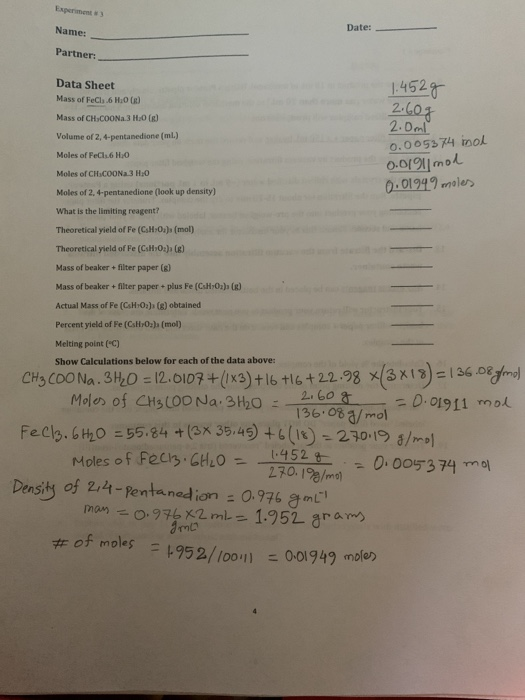 Solved Name: Date: Partner: Data Sheet Mass of FeCl 6 H.) | Chegg.com