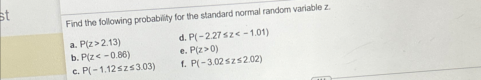 Solved Find the following probability for the standard | Chegg.com