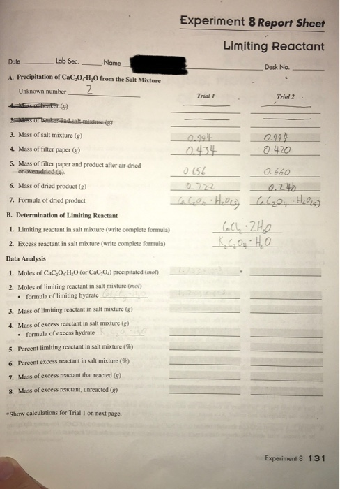 Solved Limiting Reactant Lab Calculationsi Need Help With 