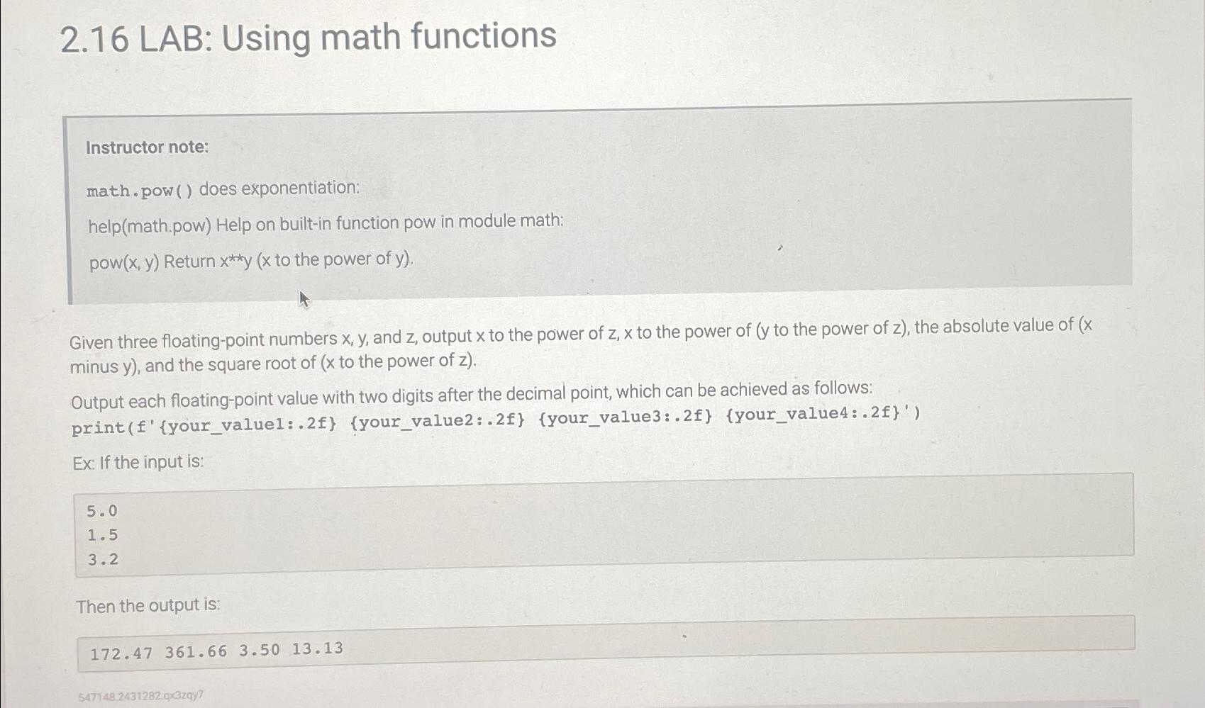 Solved 2.16 ﻿LAB: Using math functionsInstructor | Chegg.com