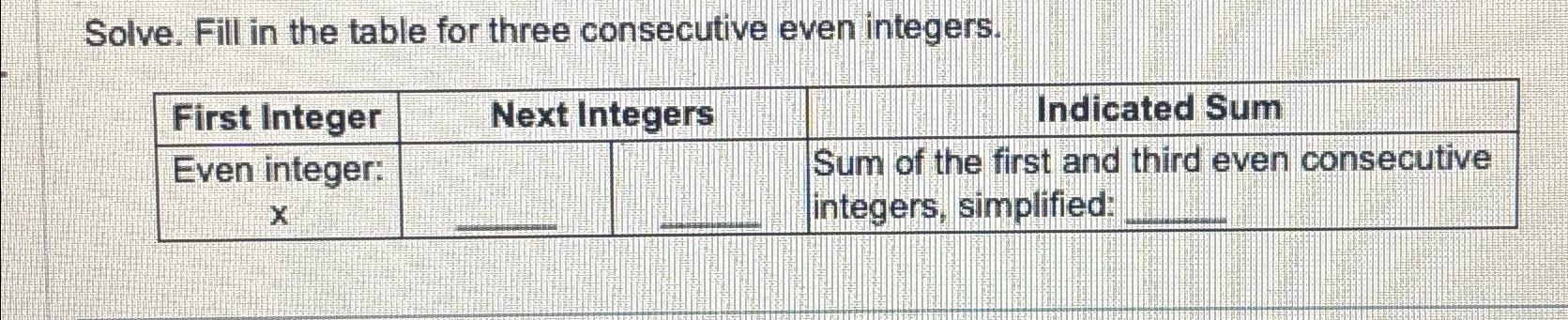 Solved Solve. Fill in the table for three consecutive even | Chegg.com
