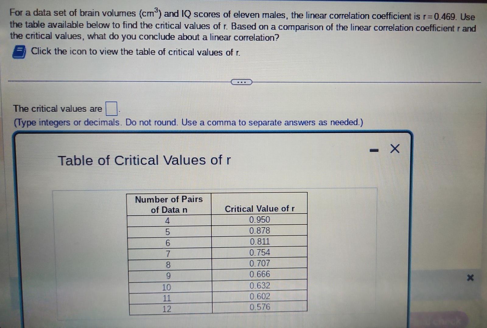 Solved For a data set of brain volumes (cm3) and IQ scores | Chegg.com