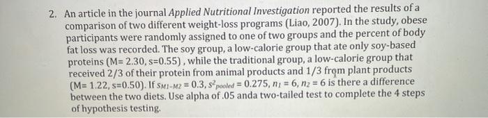 Solved 2. An article in the journal Applied Nutritional | Chegg.com