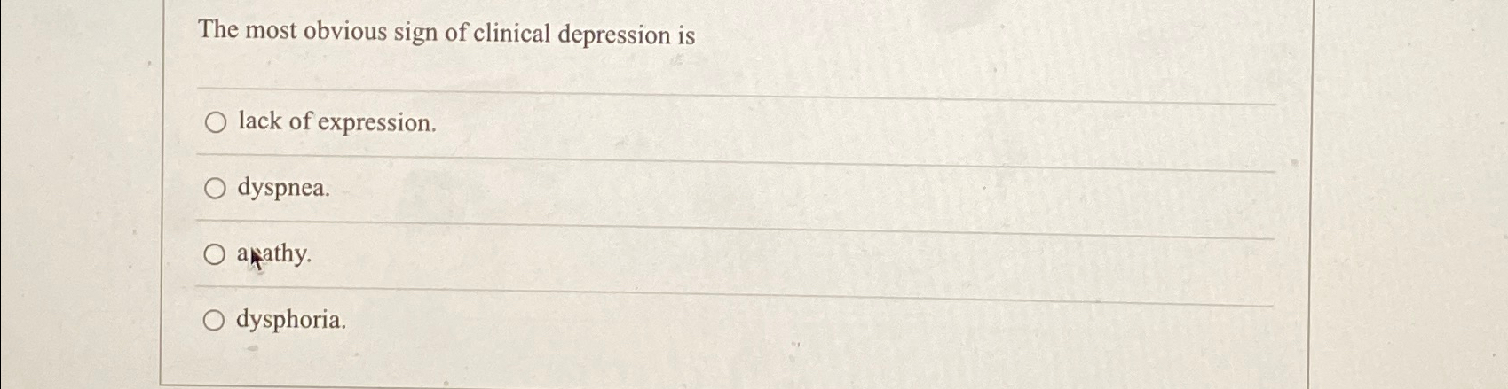 Solved The most obvious sign of clinical depression islack | Chegg.com