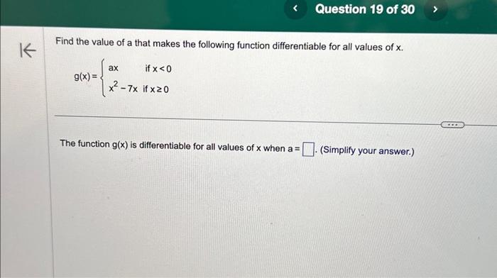 Solved Find the value of a that makes the following function | Chegg.com