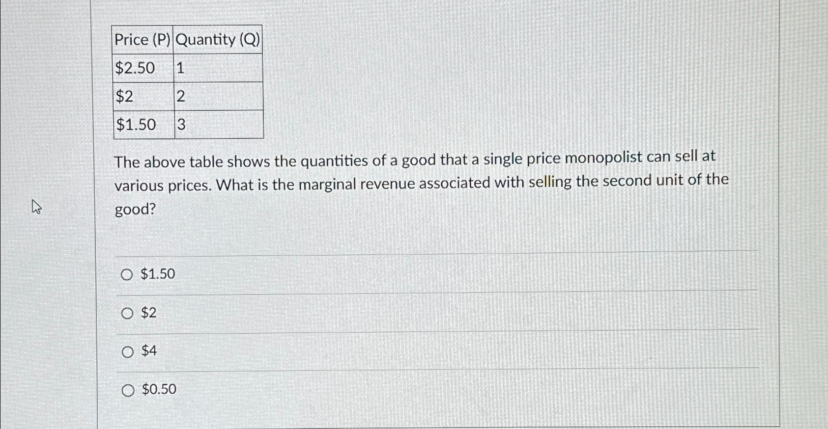 Solved \table[[Price (P),Quantity | Chegg.com