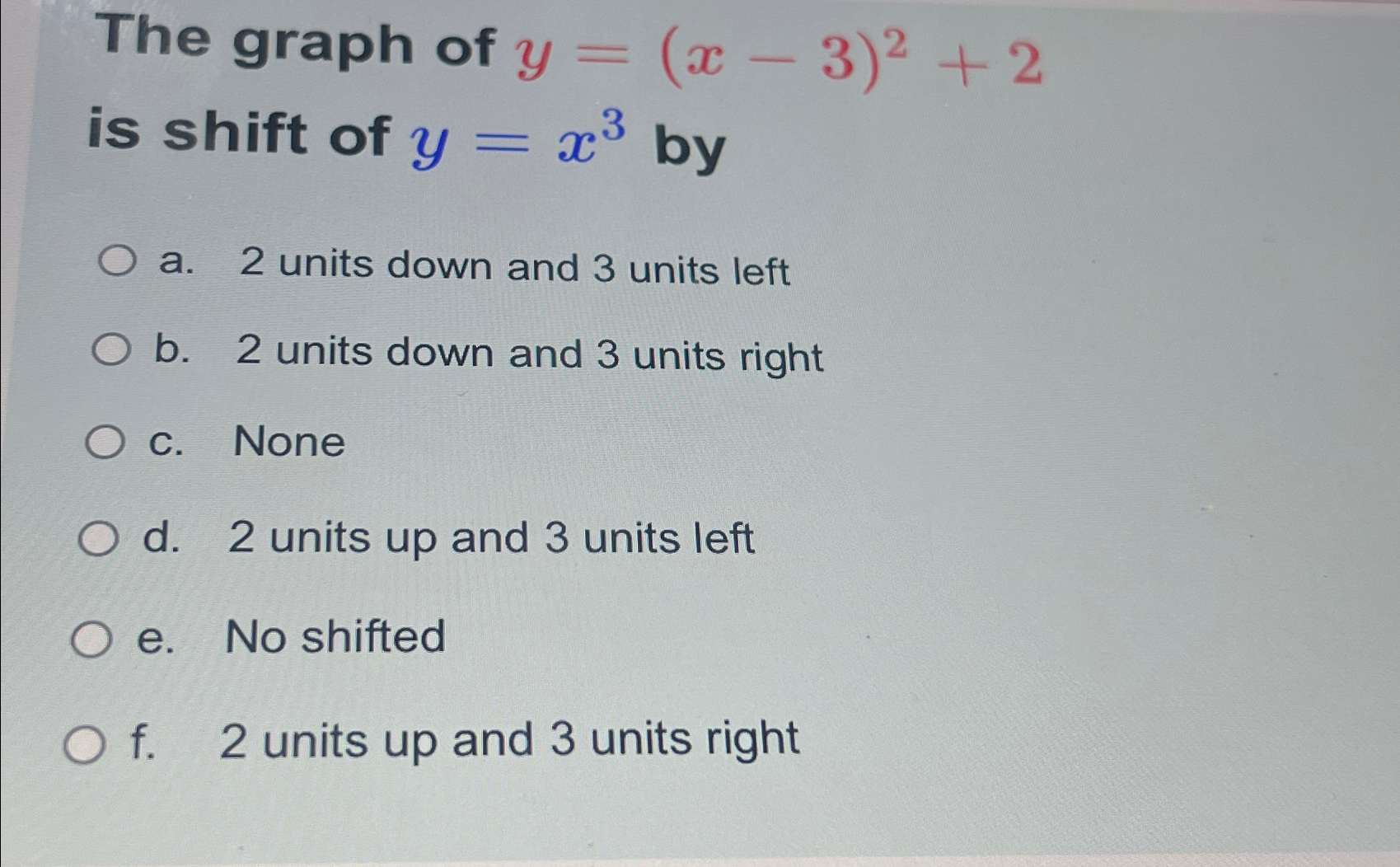 Solved The graph of y=(x-3)2+2 ﻿is shift of y=x3 ﻿bya. 2 | Chegg.com