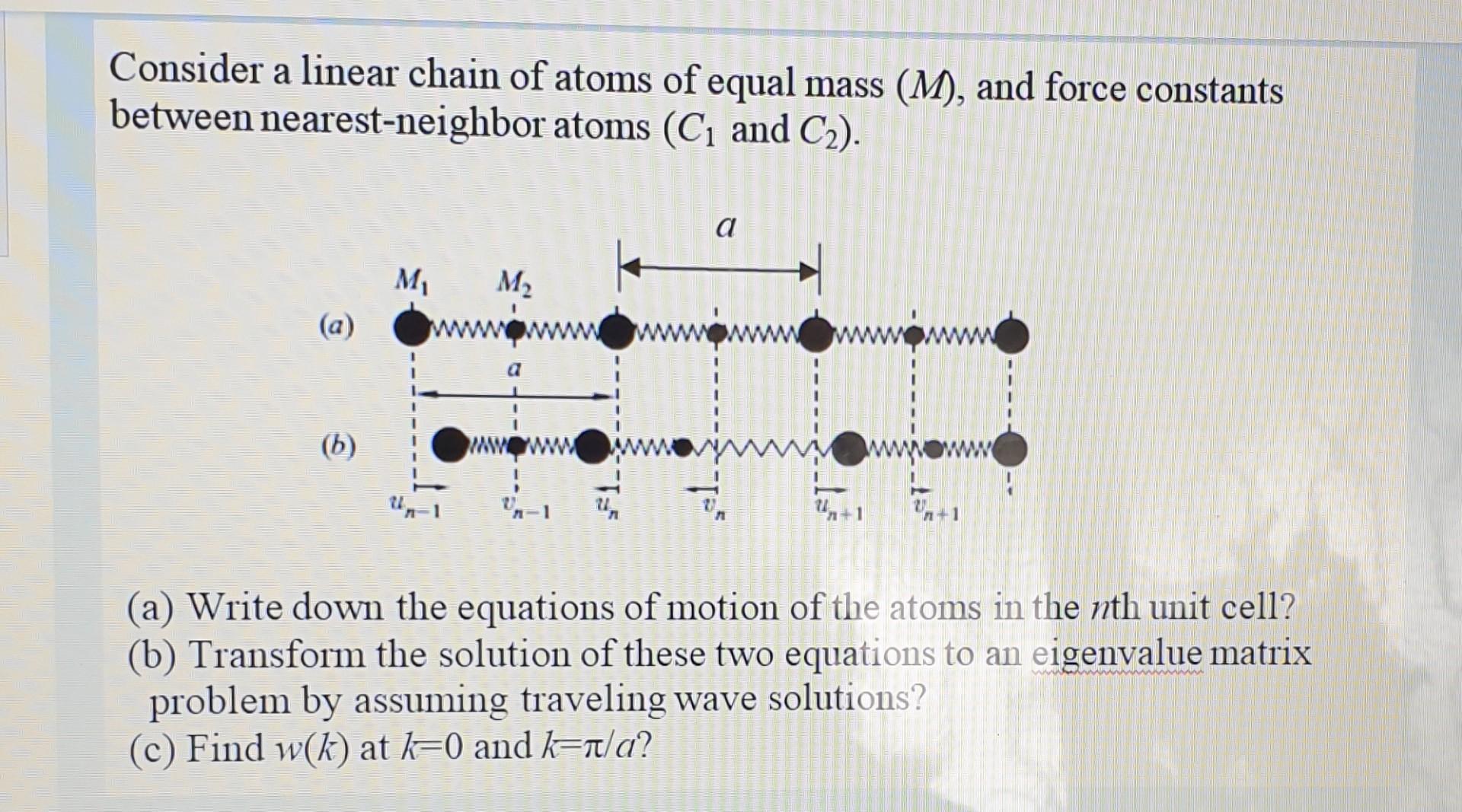 Solved Consider a linear chain of atoms of equal mass (M), | Chegg.com