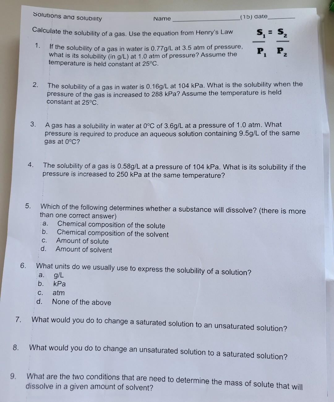 Solved Calculate the solubility of a gas. Use the equation | Chegg.com