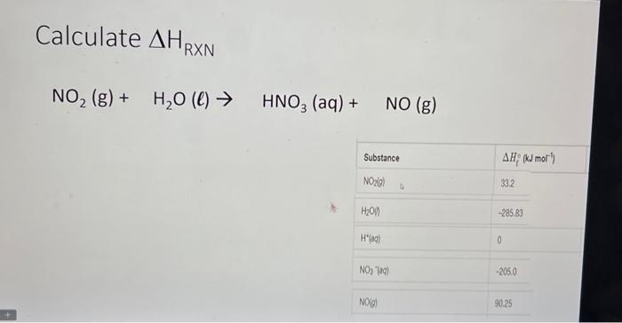 Solved Calculate ΔHRXN NO2( g)+H2O(ℓ)→HNO3(aq)+NO(g) | Chegg.com