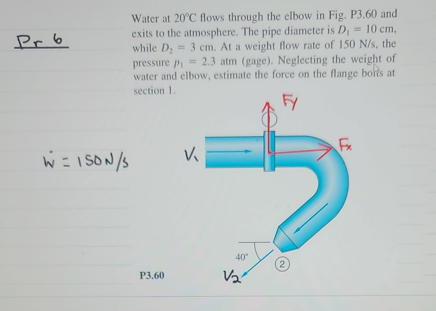 Solved Water at 20∘C flows through the elbow in Fig. P3.60 | Chegg.com
