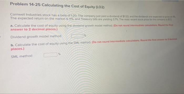Solved Problem 14-25 Calculating the Cost of Equity (LO2) | Chegg.com