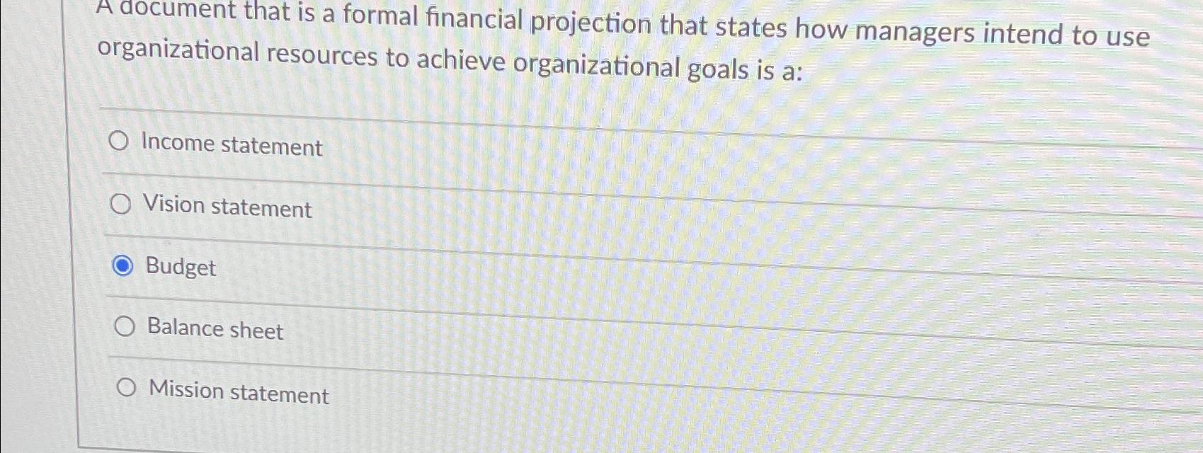 Solved A document that is a formal financial projection that | Chegg.com