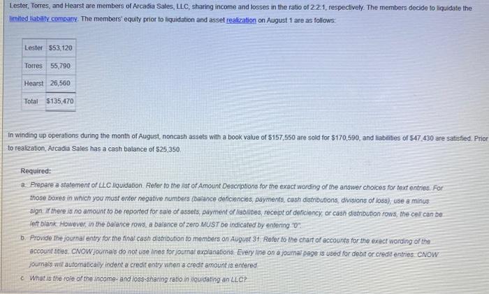 Solved Lester, Torres, and Hearst are members of Arcadia | Chegg.com