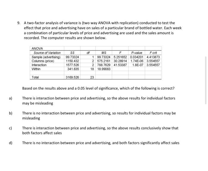 Solved 9. A two-factor analysis of variance is (two way | Chegg.com