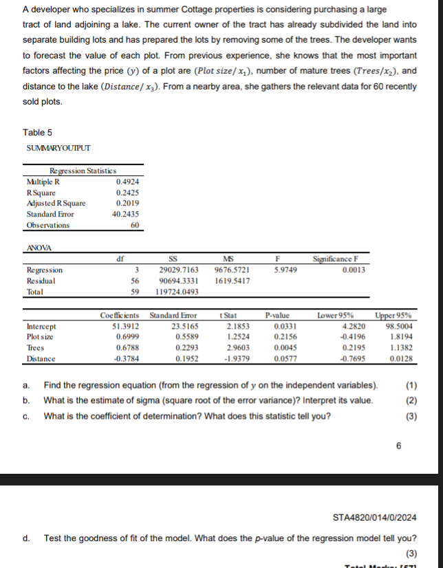 Solved A developer who specializes in summer Cottage | Chegg.com