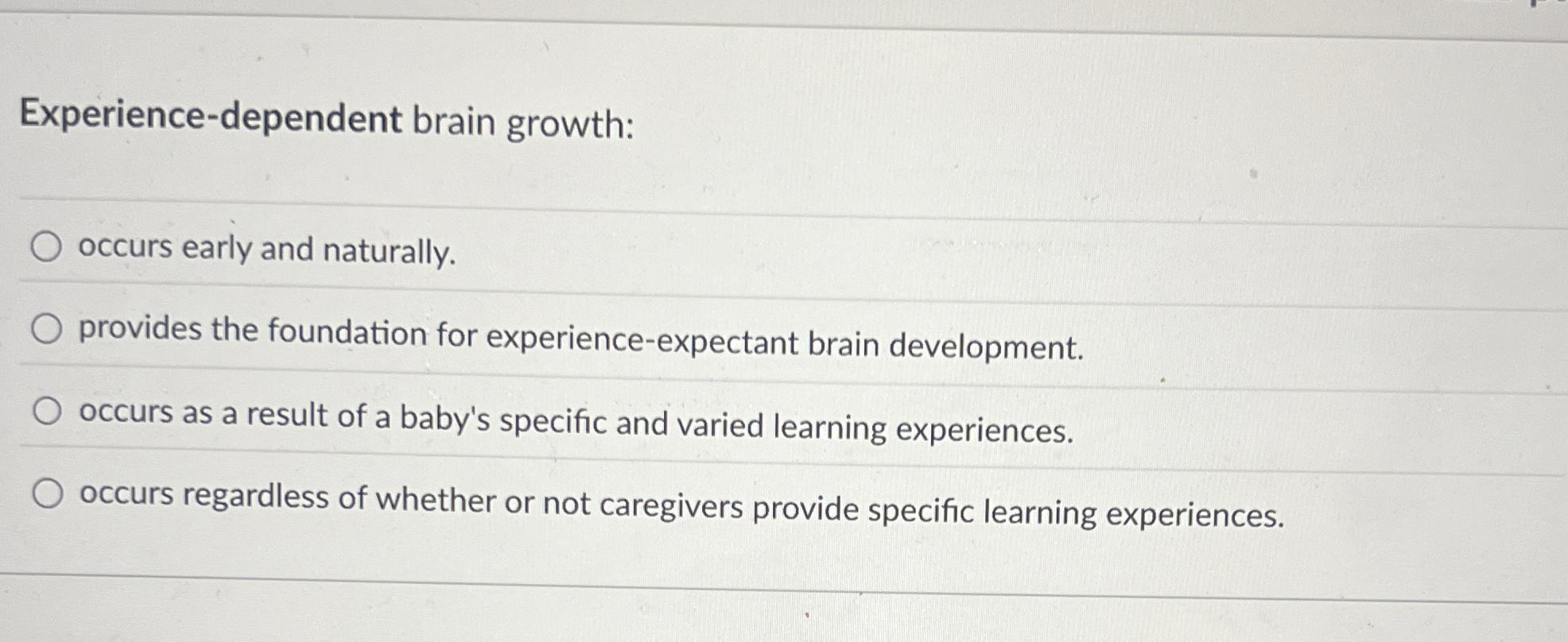 Solved Experience-dependent brain growth:occurs early and | Chegg.com