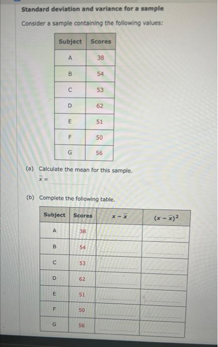 Solved Standard deviation and variance for a sample Consider | Chegg.com