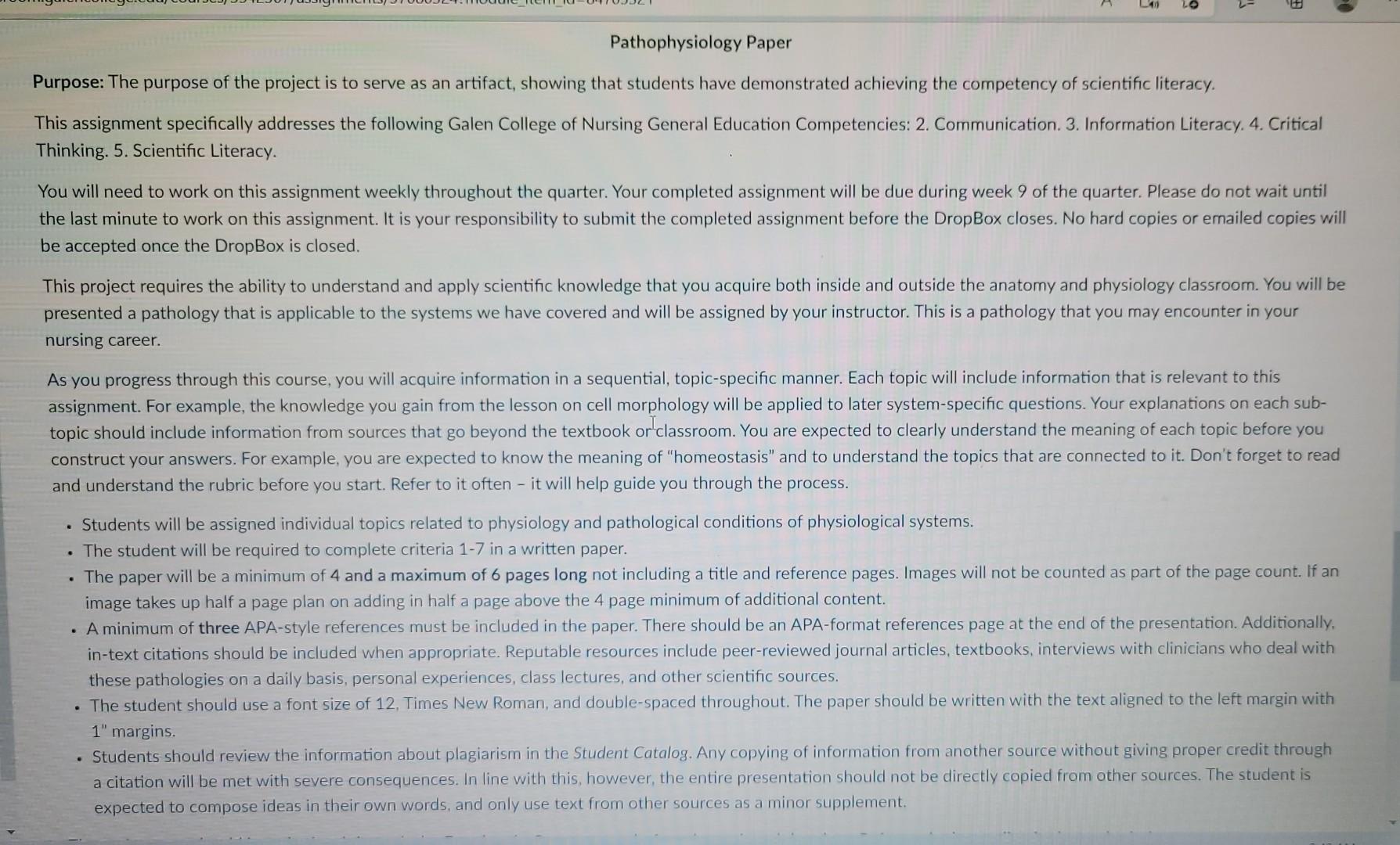 Solved Pathophysiology Paper Purpose: The purpose of the | Chegg.com