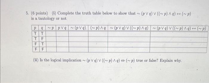 Solved 5. (6 points) (i) Complete the truth table below to | Chegg.com