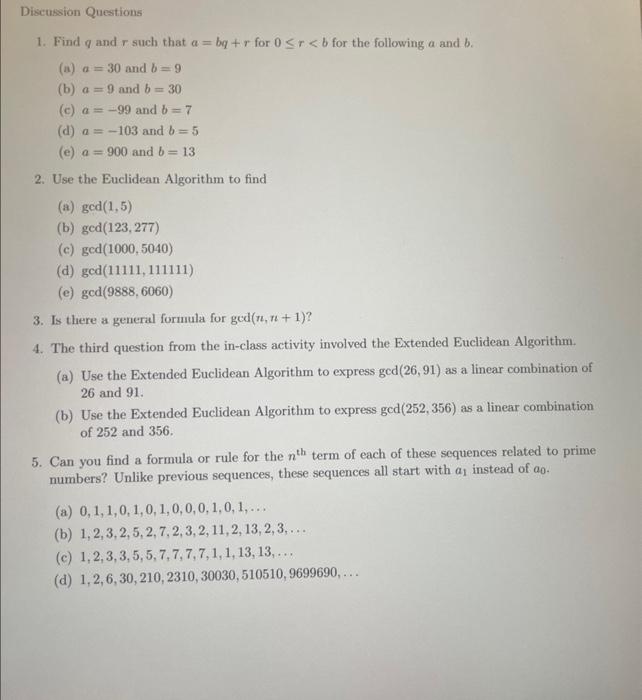 Solved 1. Find q and r such that a=bq+r for 0≤r | Chegg.com