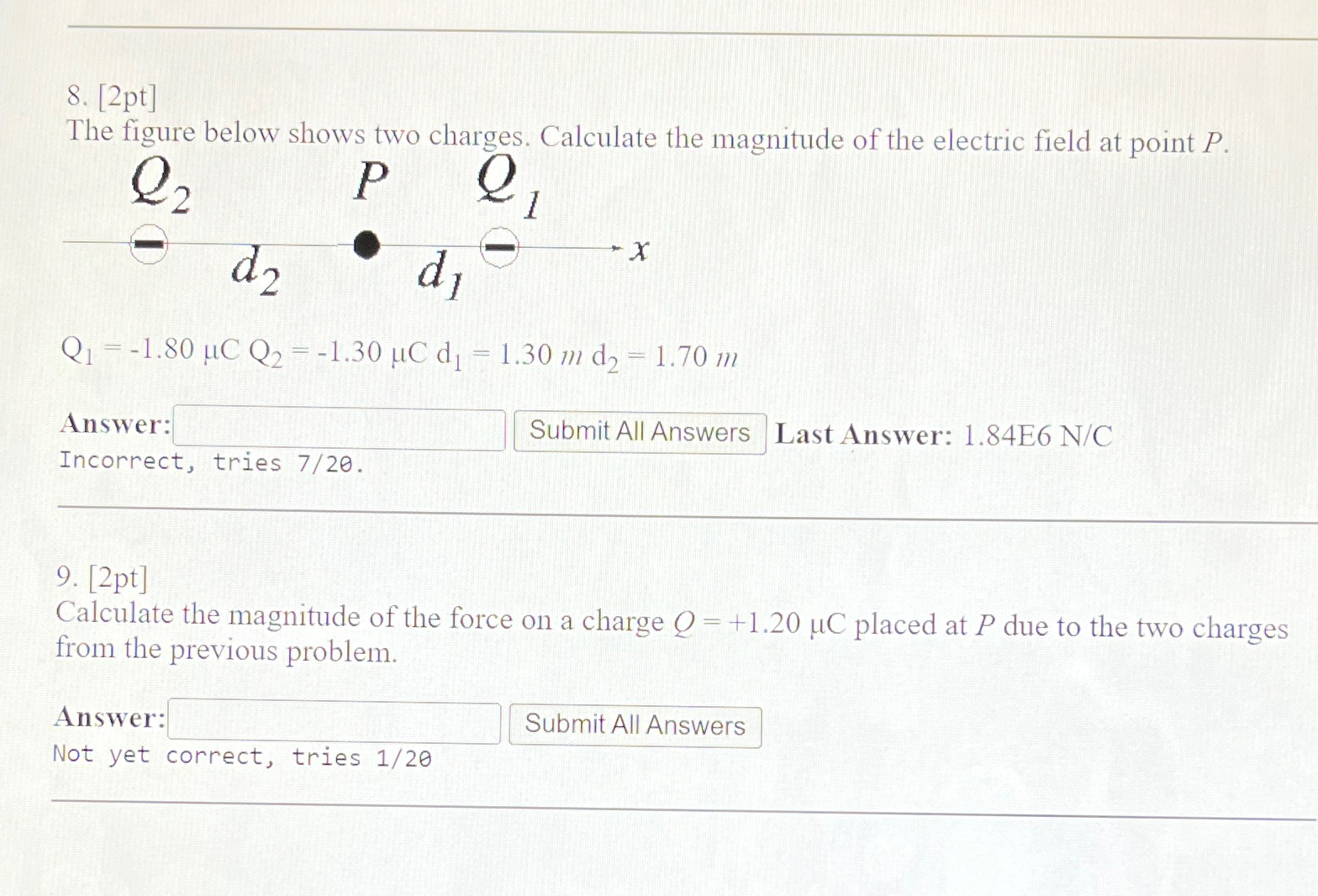 Solved 2ptThe figure below shows two charges. Calculate the | Chegg.com