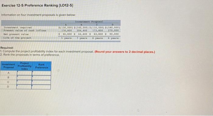 Solved Exercise 12-5 Preference Ranking [LO12-5] Information | Chegg.com