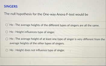 Solved SINGERSThe null hypothesis for the One-way Anova | Chegg.com