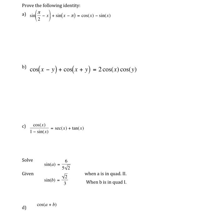 Solved Prove the following identity: a) | Chegg.com