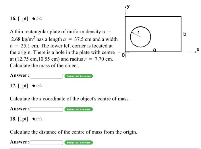 Solved 16. [1pt] A thin rectangular plate of uniform density | Chegg.com