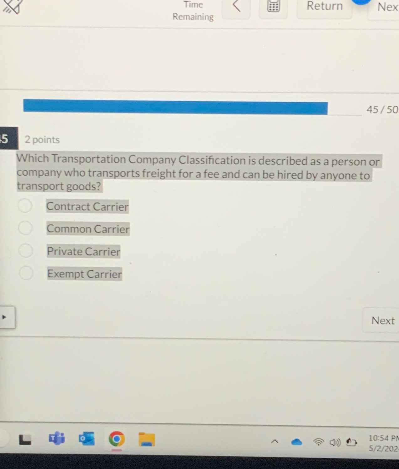 Solved TimeRemainingNex52 ﻿points4550Which Transportation | Chegg.com