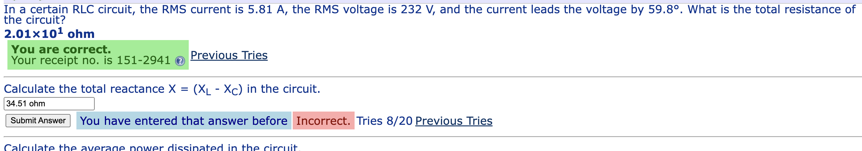 Solved Need help with ,Calculate the total reactance X = (XL | Chegg.com