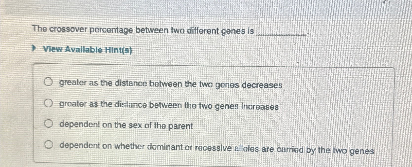 Solved The crossover percentage between two different genes | Chegg.com