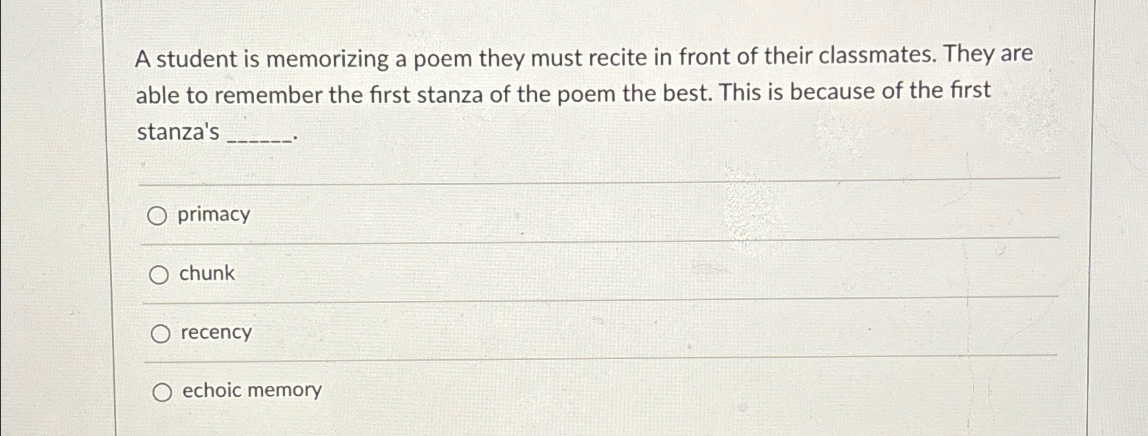 Solved A student is memorizing a poem they must recite in | Chegg.com
